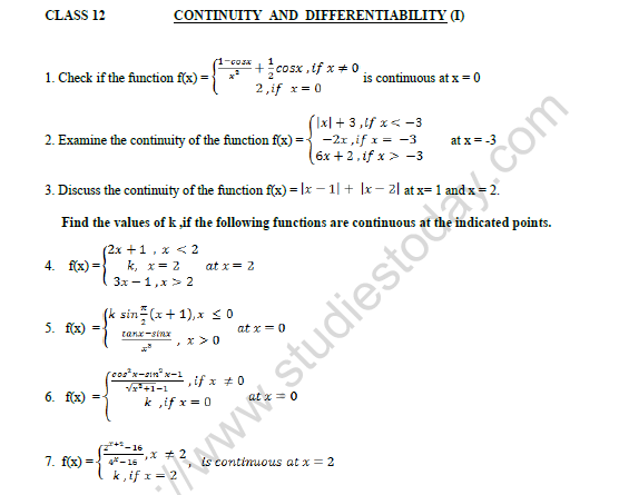 CBSE Class 12 Mathematics Continuity And Differentiability Worksheet Set A